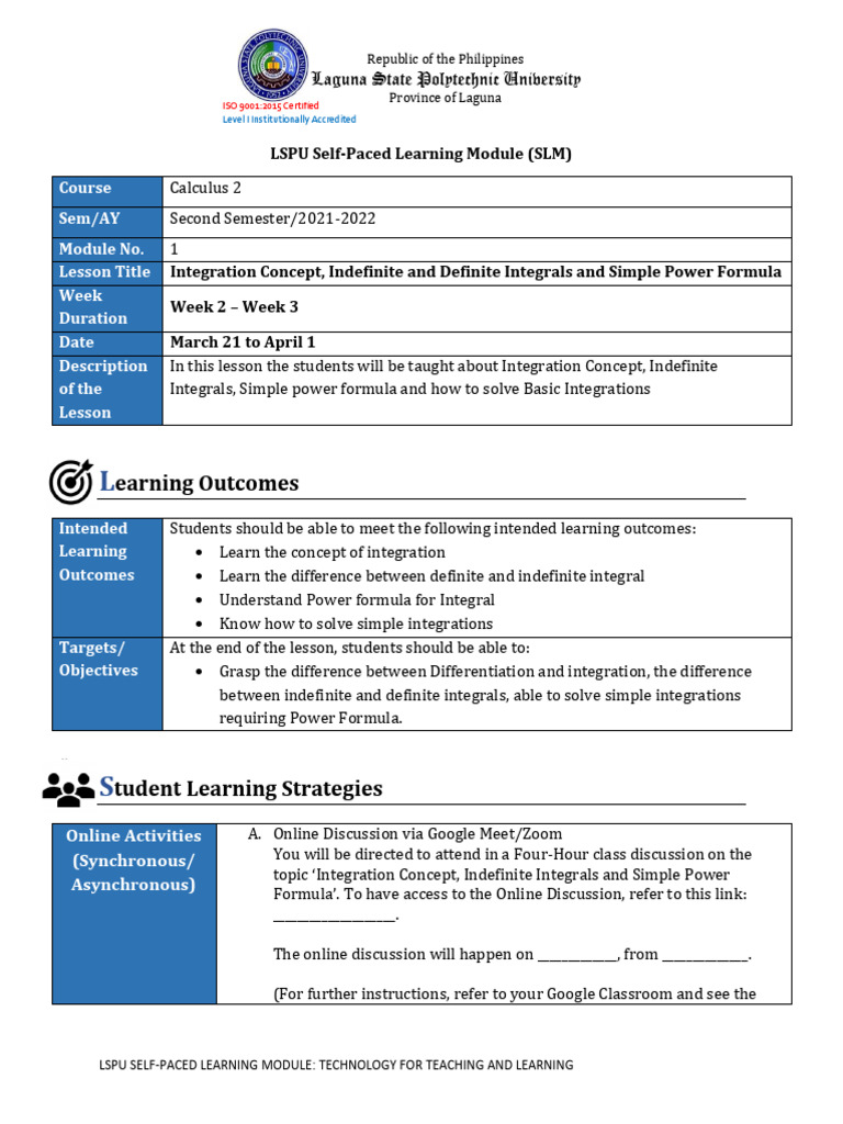 Math2 - Module 1 Integration Concept, Indefinite Integrals and Simple ...