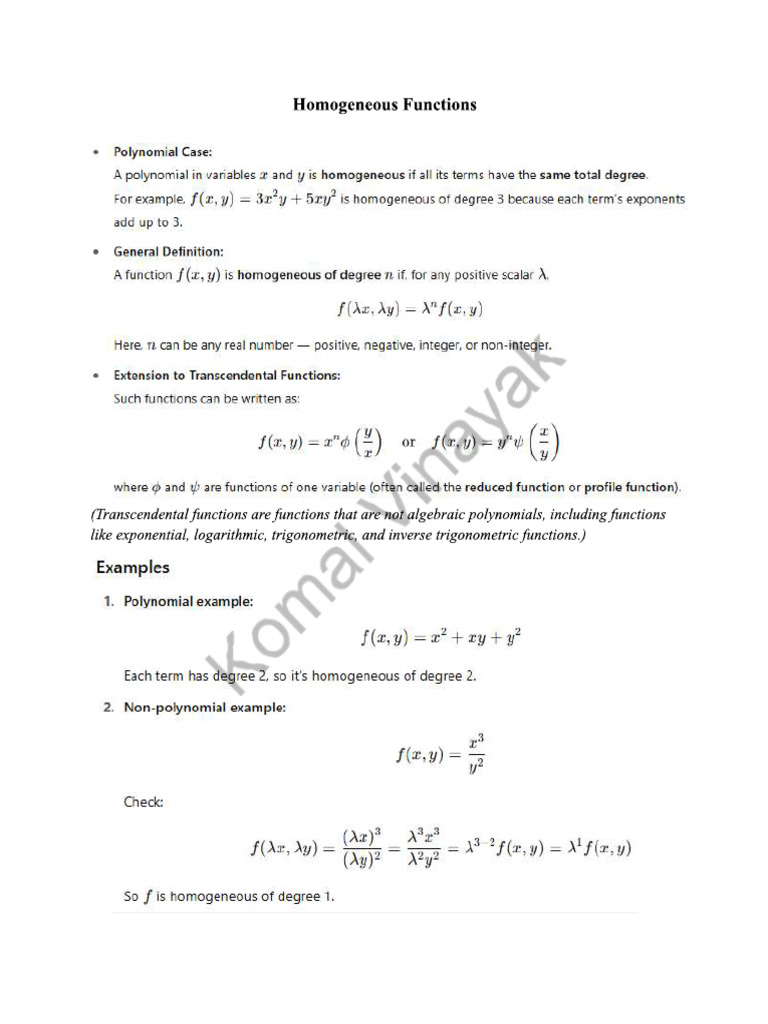 Homogeneous Functions Notes | PDF