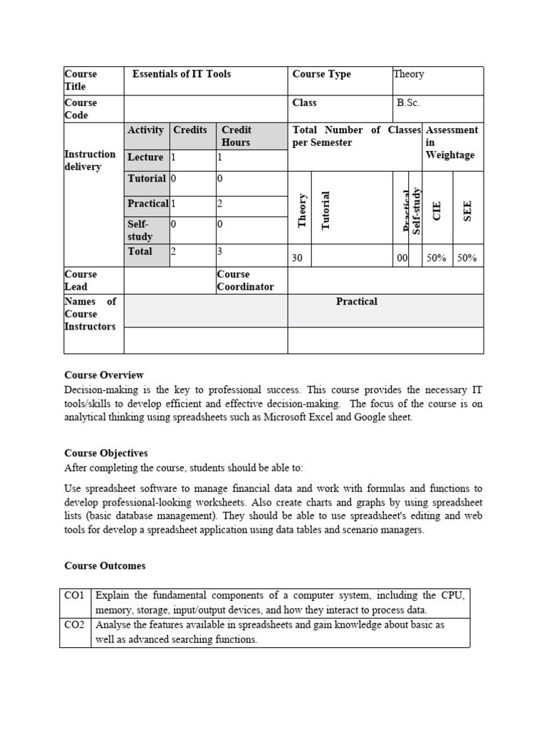 Essentials of IT Tools Syllabus | PDF | Spreadsheet | Microsoft Excel