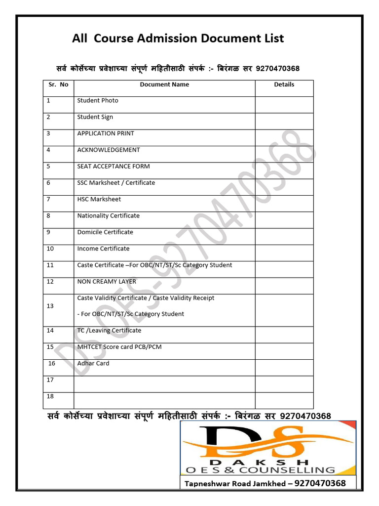 Complete Admission Document List | PDF