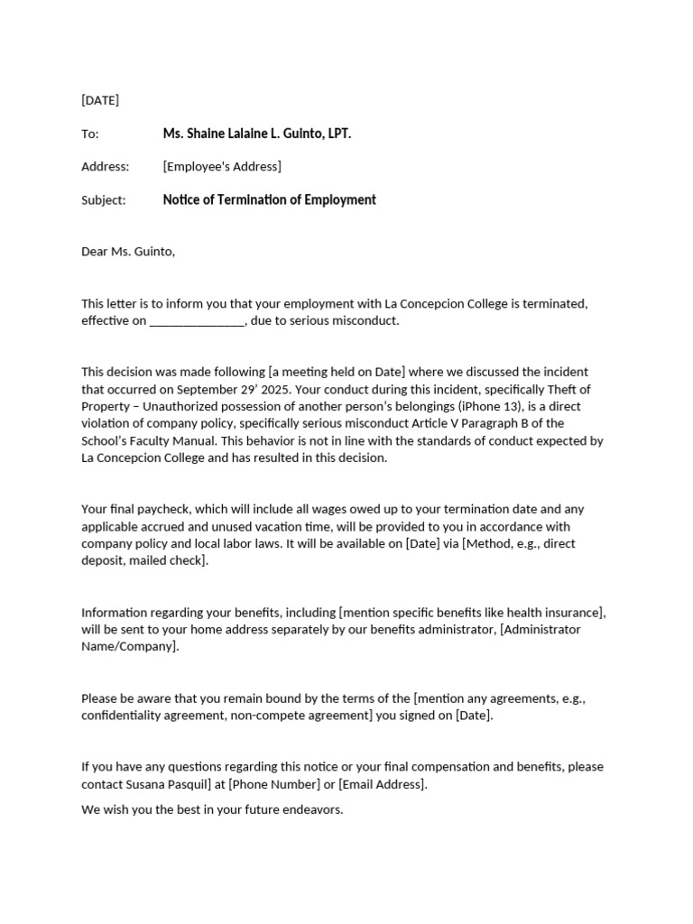 Termination Notice for Serious Misconduct | PDF