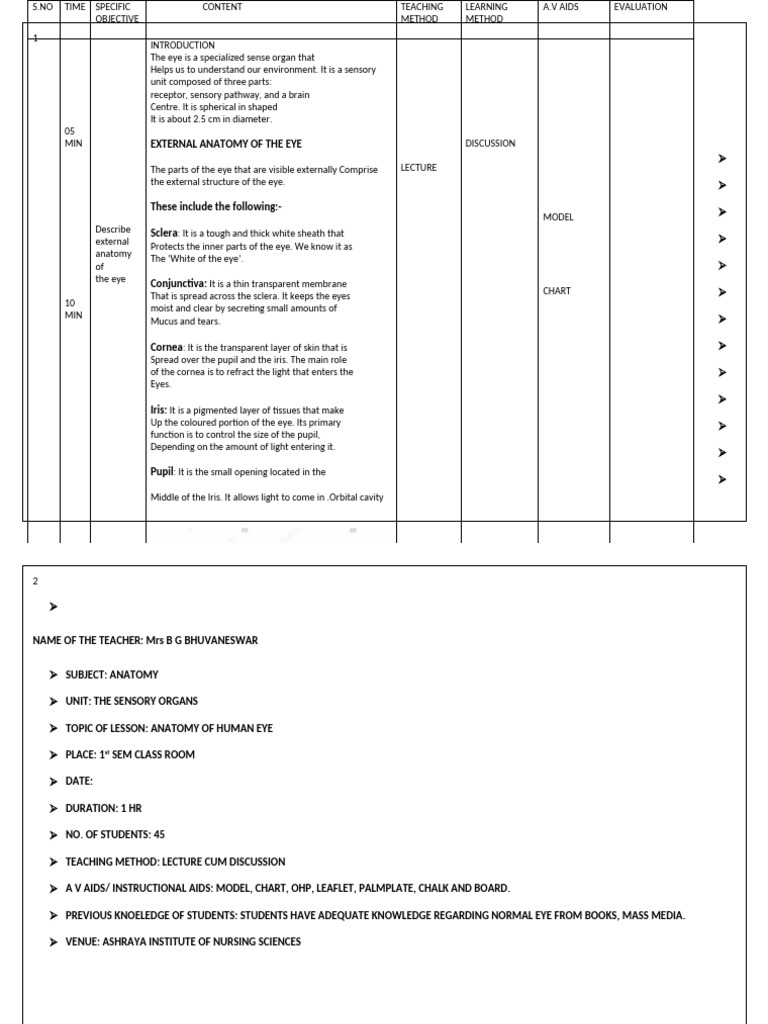 Lesson Plan On ANATOMY OF EYE BGB | PDF | Eye | Sensory Organs