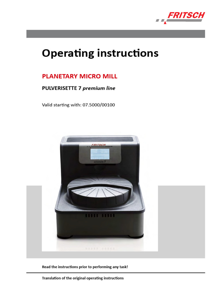 Planetary Micro Mill Pulverisette 7 Premium Line | PDF | Explosion | Safety