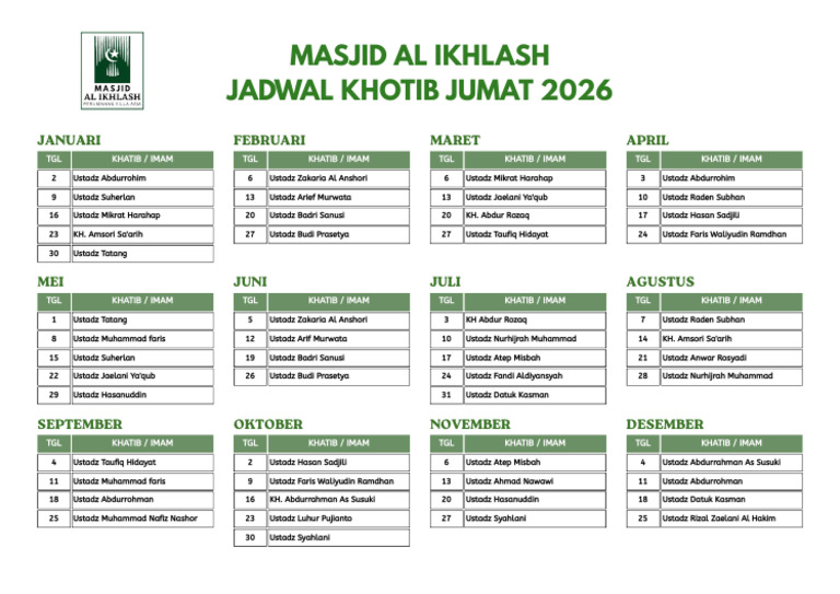 Jadwal Khotib Jumat 2026 | PDF