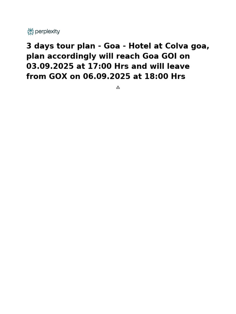 3 Days Tour Plan - Goa - Hotel at Colva Goa, Plan | PDF