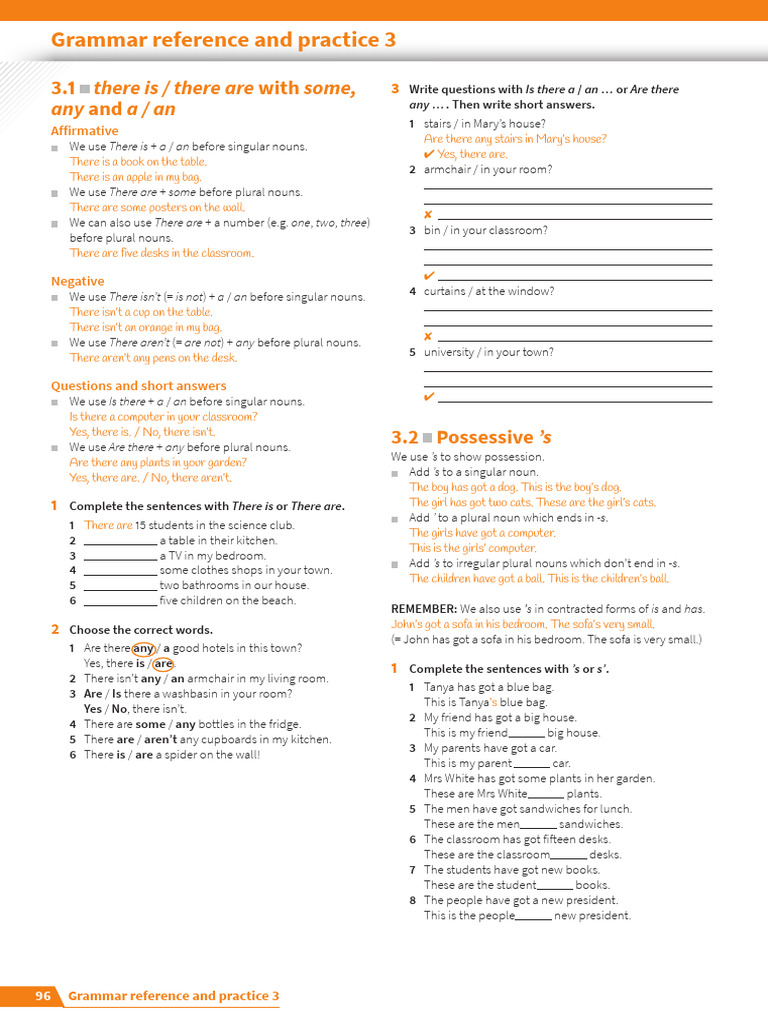Grammar Practice: There Is/Are & Possessives | PDF | Pronoun | Plural