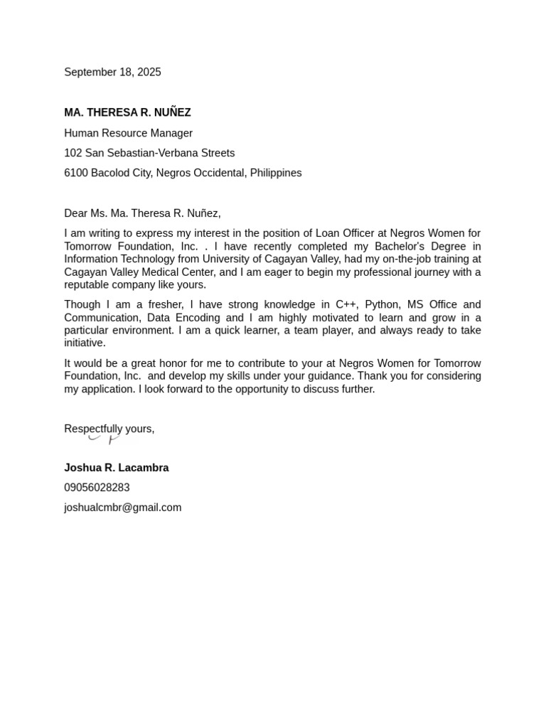 Joshua Lacambra - Application Letter | PDF
