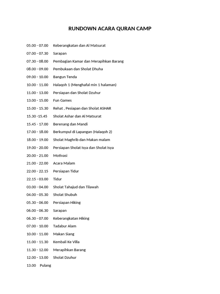 Rundown Acara Quran Camp 2023 | PDF