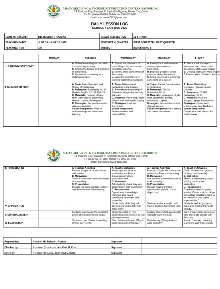 Bartending Lesson Plan for Grade 12 | PDF | Learning | Human Communication