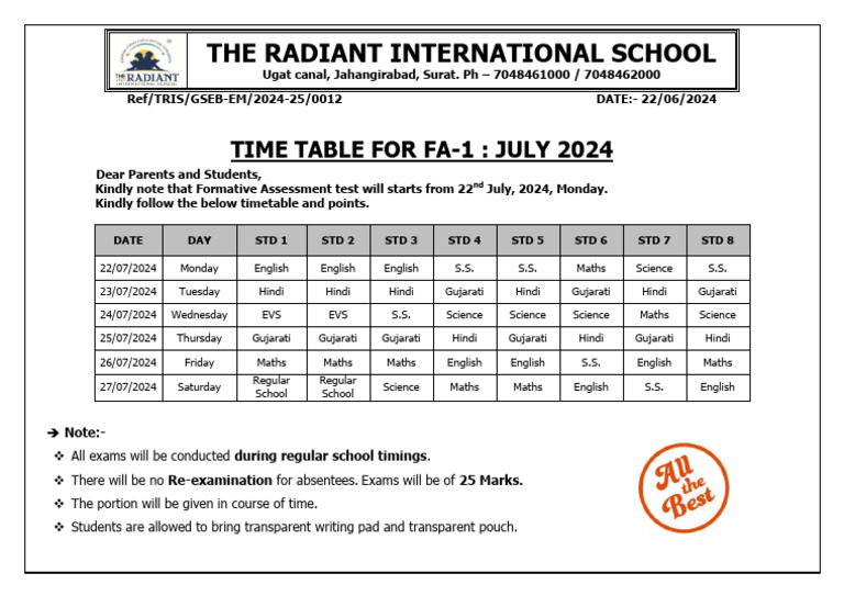 012 FA-1 Exam Time Table - STD 1 To 8 | PDF