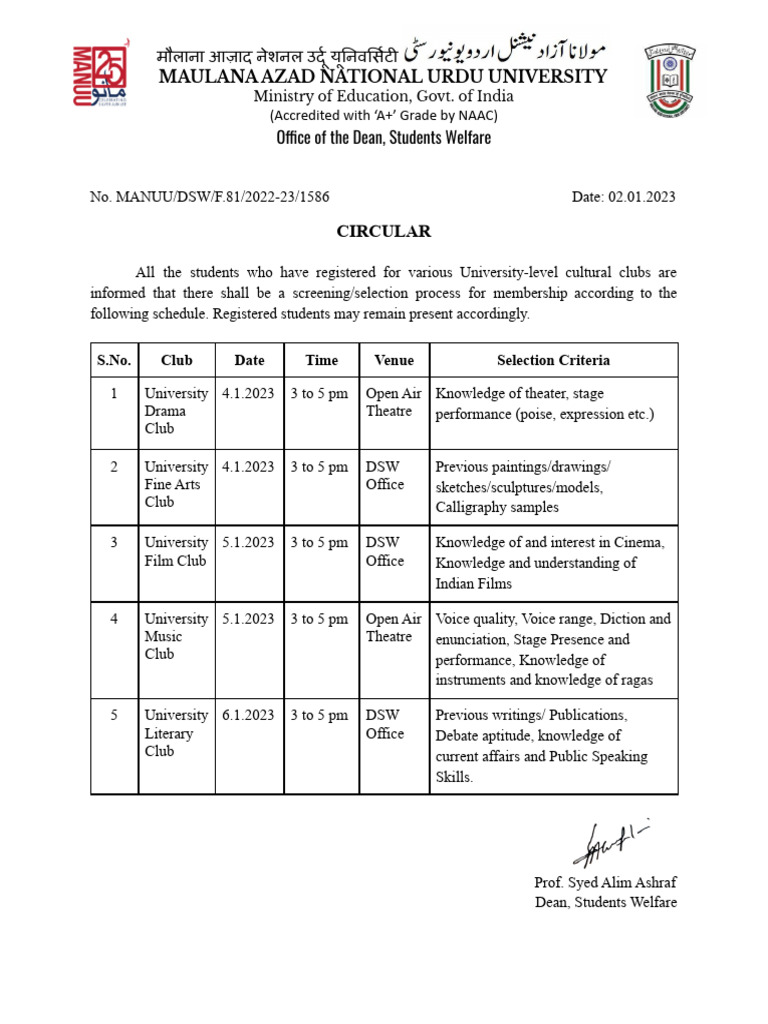Circular For Screening For Clubs Membership | PDF
