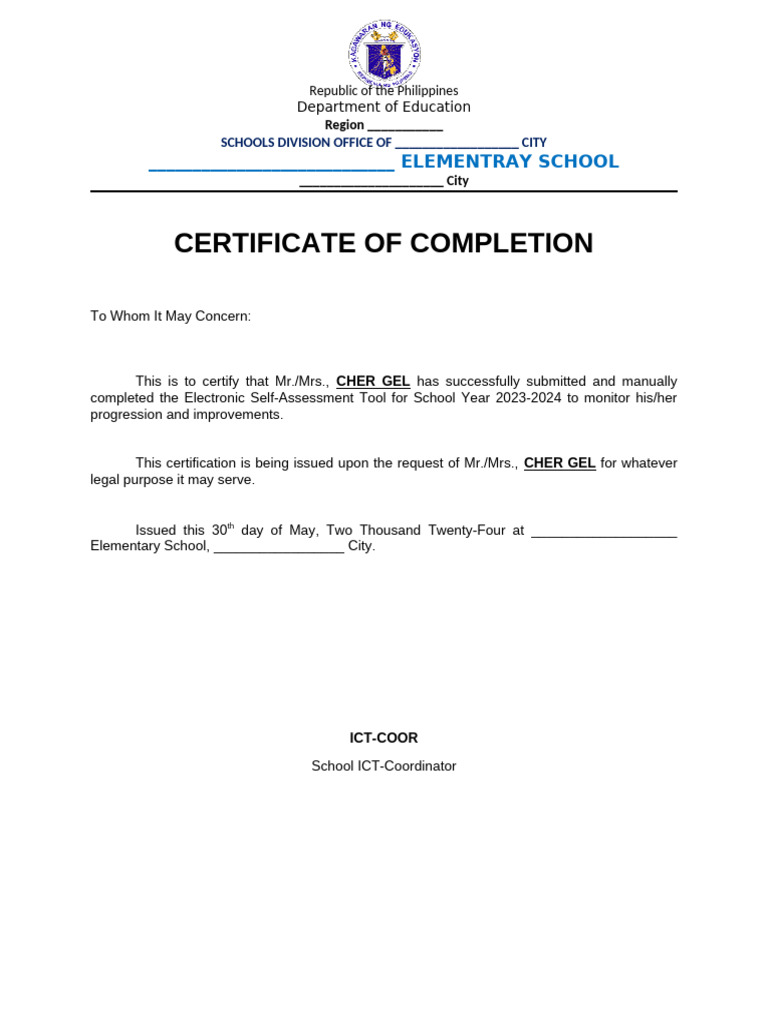 Certificate of Completion for Self-Assessment | PDF