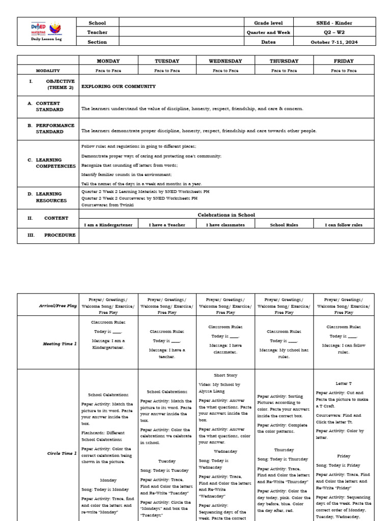 SNEd Kinder - DLL Matatag Q2 W2 | PDF | Behavior Modification | Learning