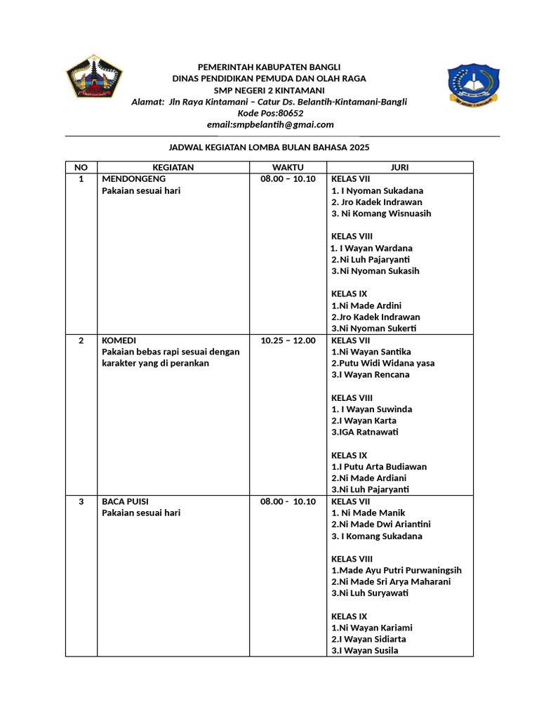 Jadwal Lomba Bulan Bahasa 2025 SMP Kintamani | PDF