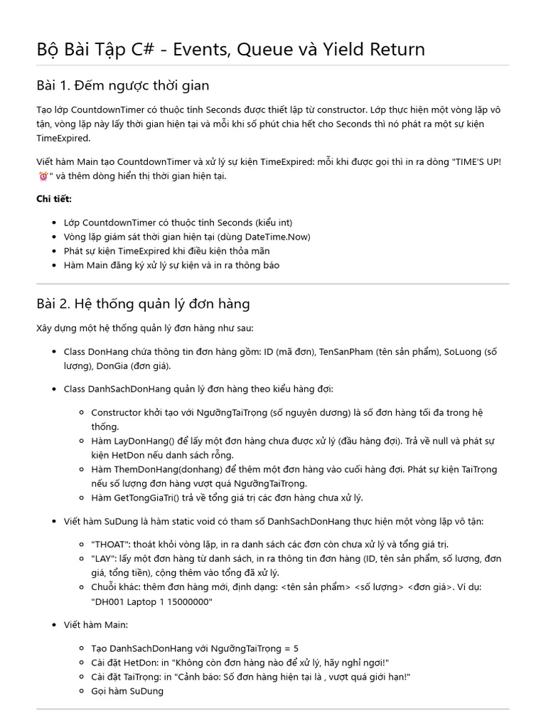 Bộ Bài Tập C# - Events, Queue và Yield Return | PDF