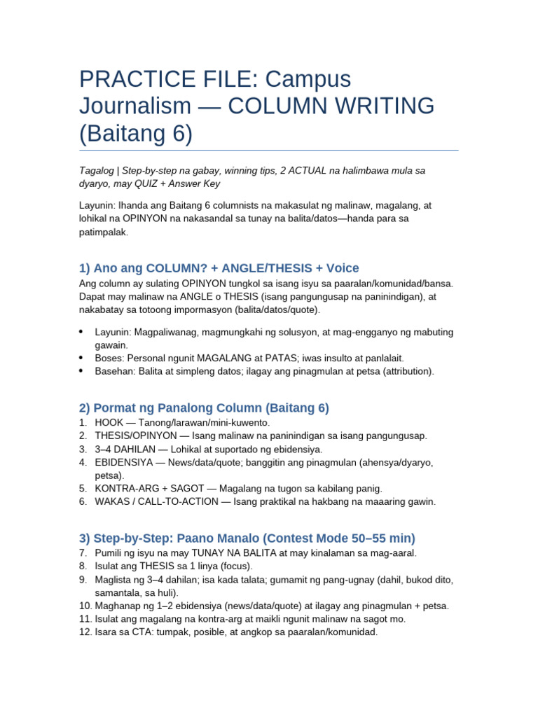 Campus Journalism Column Grade6 Practice File Tagalog 2dyaryo QUIZ | PDF