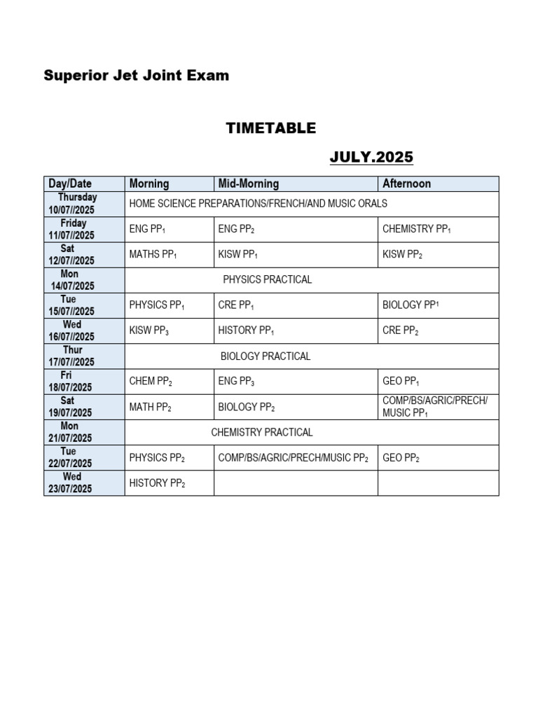 TIME TABLE July 2025 Superior Jet Joint Exam | PDF