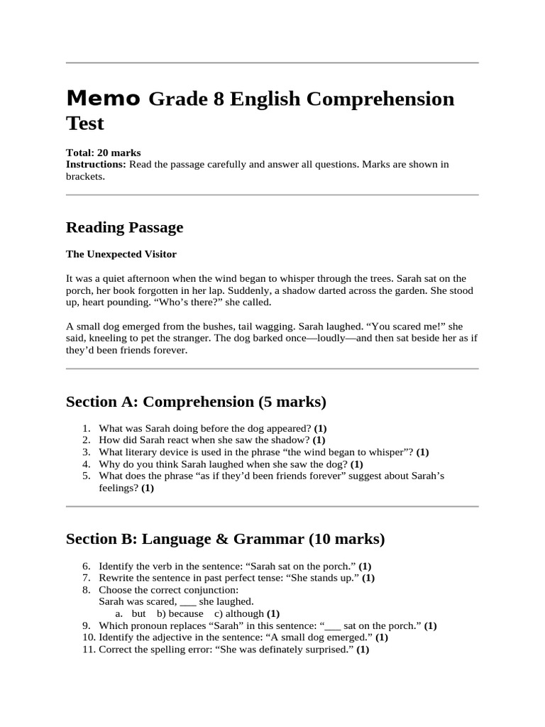 Grade 8 English Comprehension Test | PDF | Verb | Subject (Grammar)