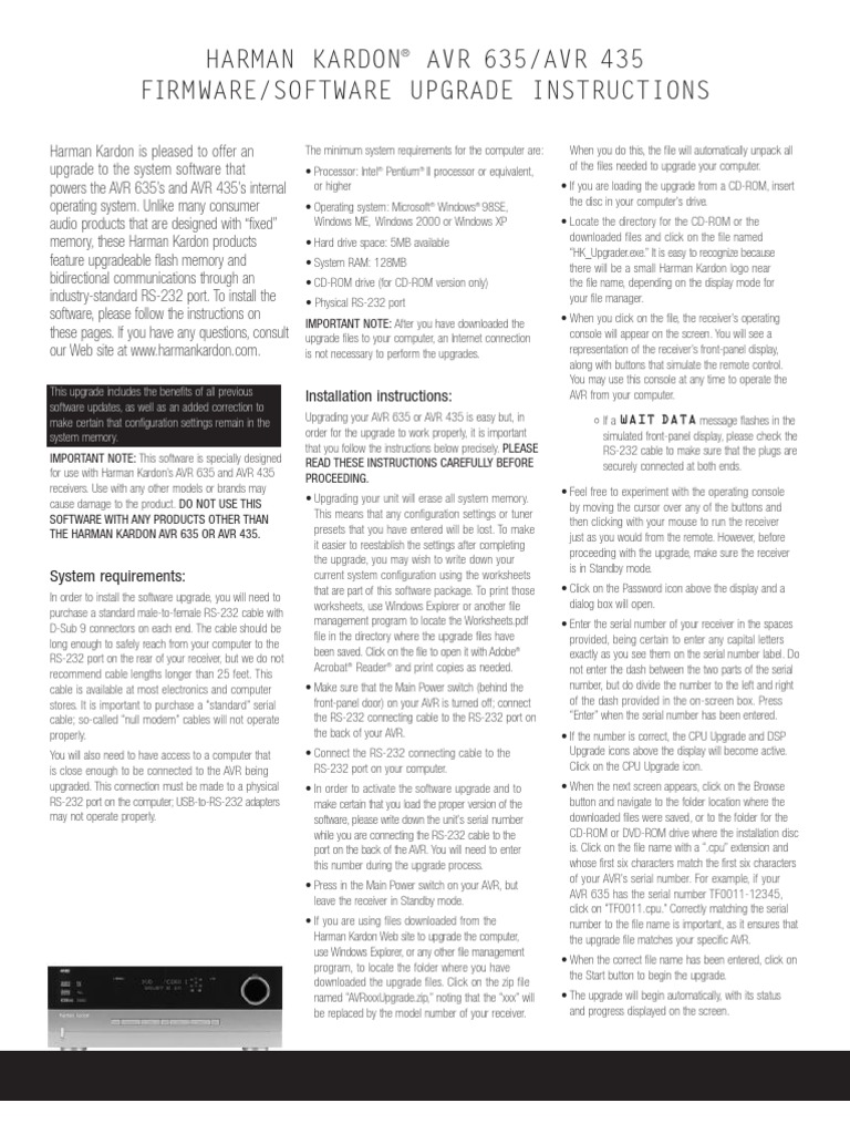 Harman Kardon AVR 635/AVR 435 Firmware/Software Upgrade Instructions | PDF | Computer File ...