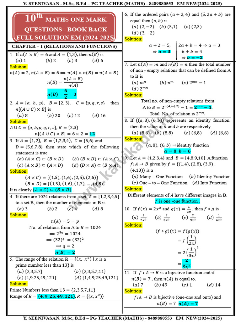 10 TH Maths One Mark Questions Full Explanation | PDF | Function ...