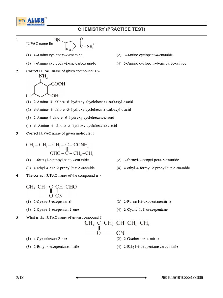 Chemistry IUPAC Naming Practice Test | PDF | Acetic Acid ...