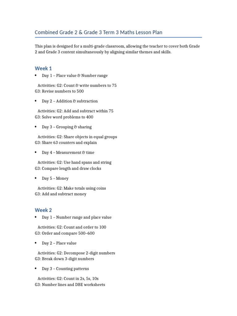 Combined Grade2 Grade3 Term3 Maths Lesson Plan | PDF | Shape | Lesson Plan