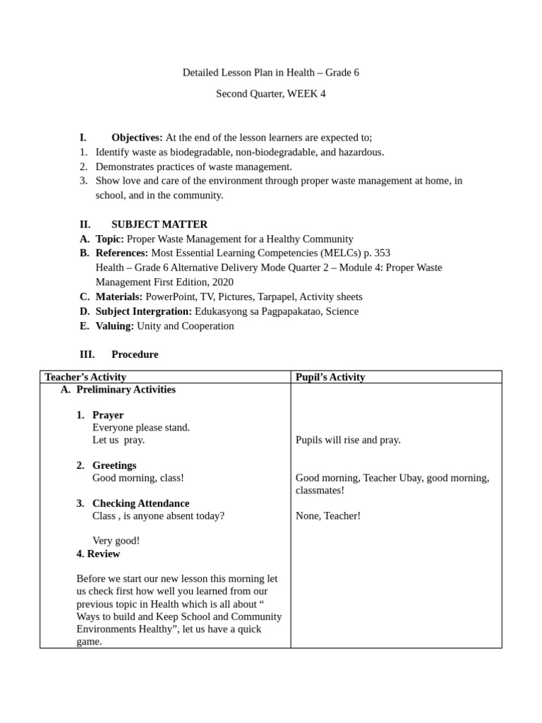 Grade 6 Waste Management Lesson Plan | PDF | Waste | Municipal Solid Waste