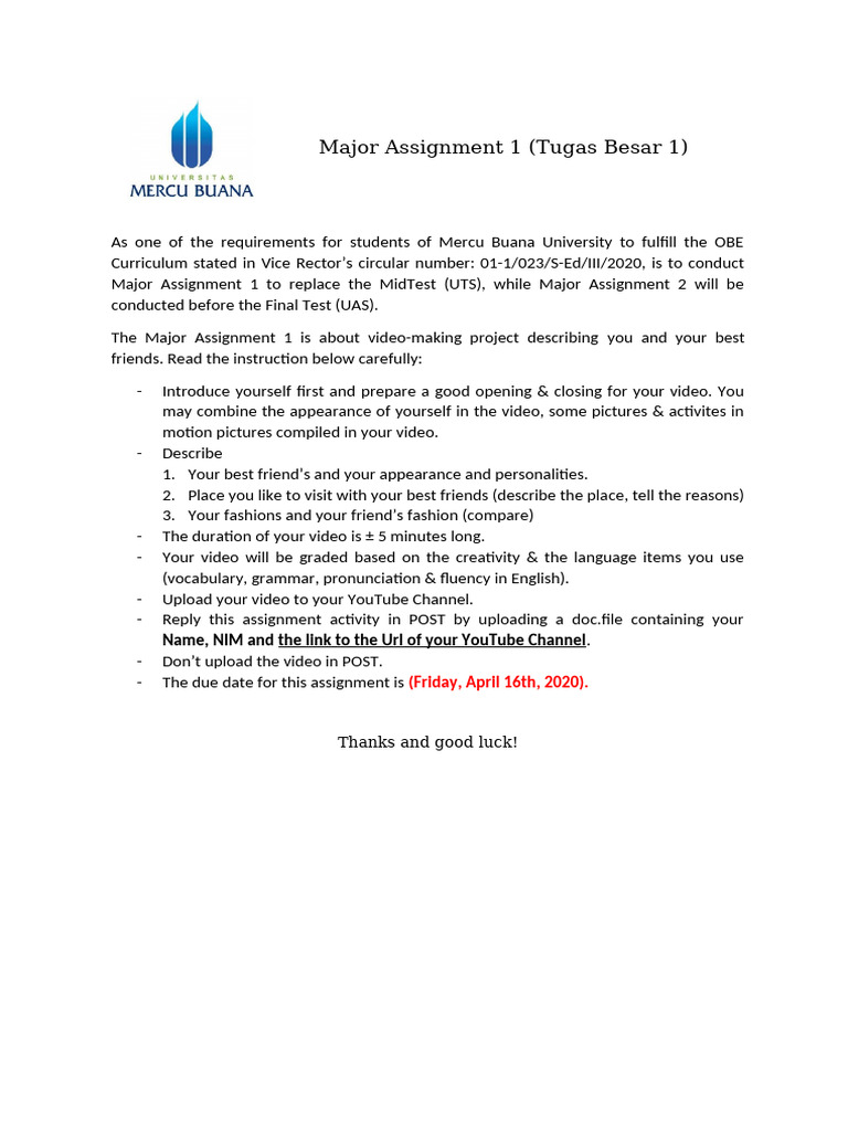 Major Assignment 1: Video Project Guide | PDF