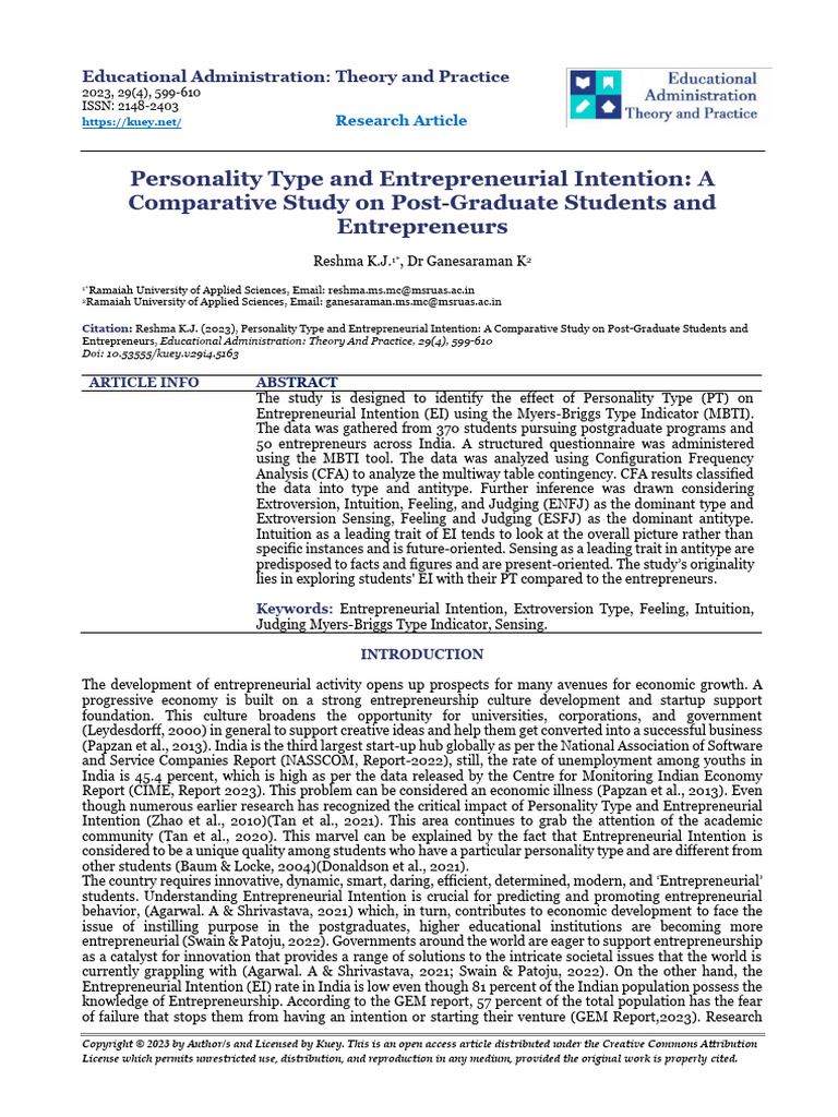 Personality Type and Entrepreneurial Intention A Comparative Study On ...