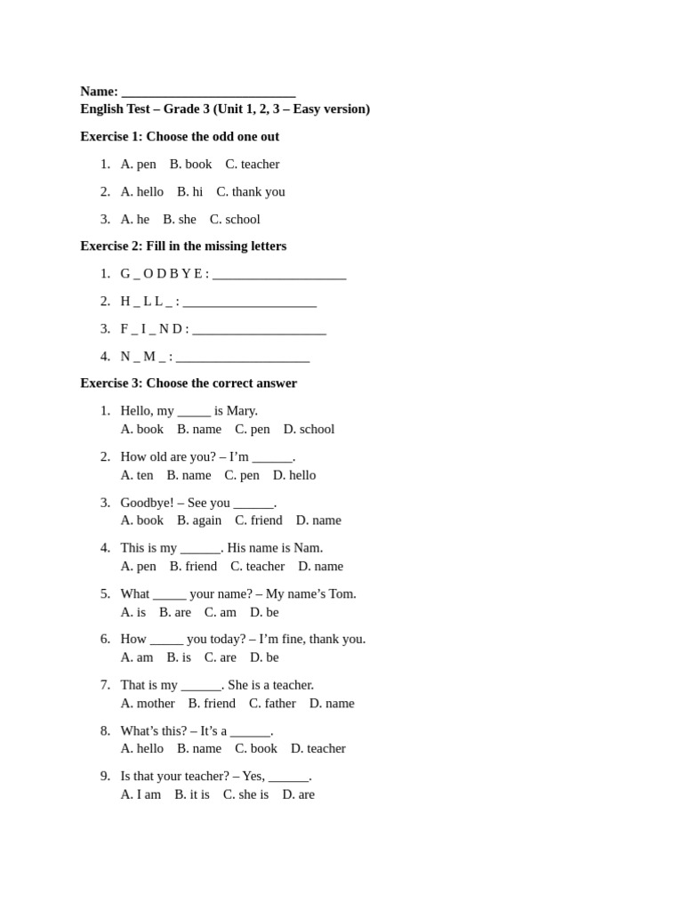 English Test - Grade 3 (Unit 1, 2, 3 - Easy Version) | PDF
