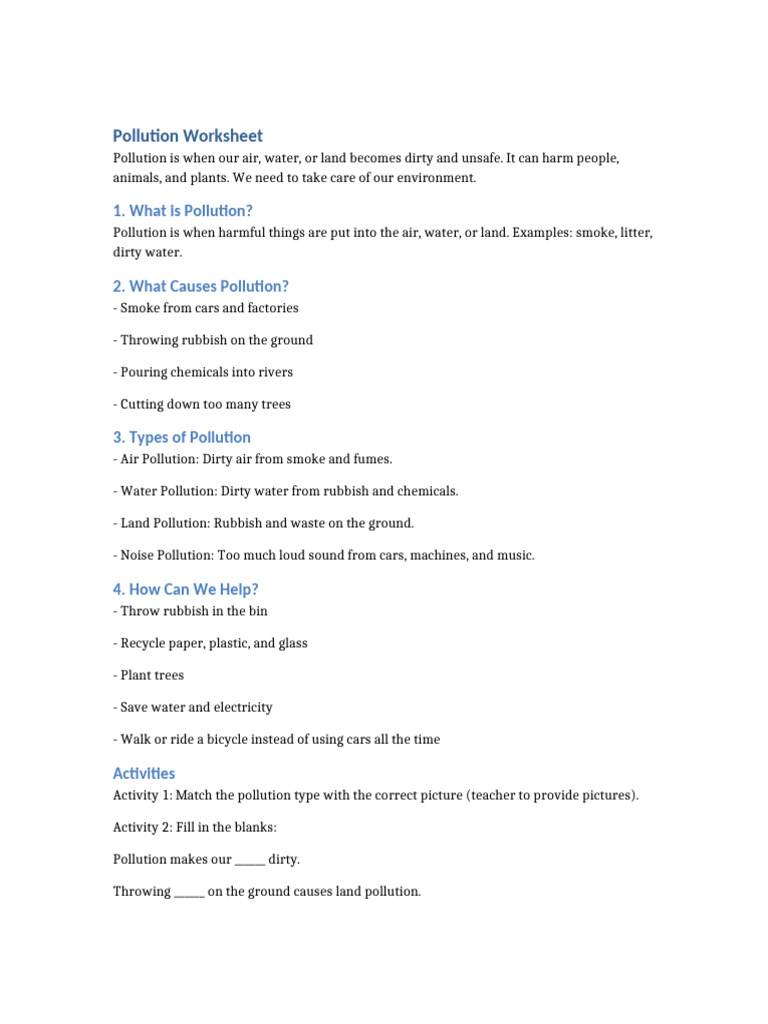 Grade 2 Pollution Awareness Worksheet | PDF