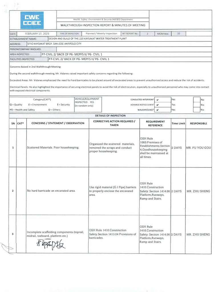 Walkthrough Inspection Report & Minutes of Meeting No. 2 - February 17 ...