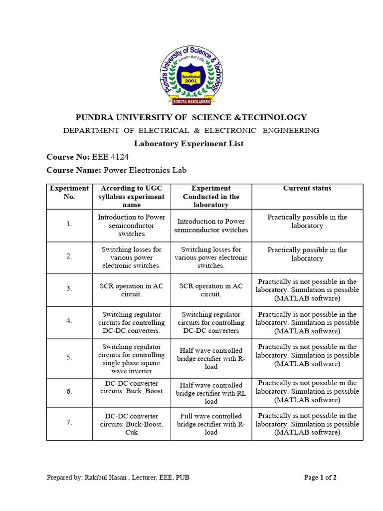 Power Electronics Lab Experiment List | PDF | Power Inverter | Power Electronics
