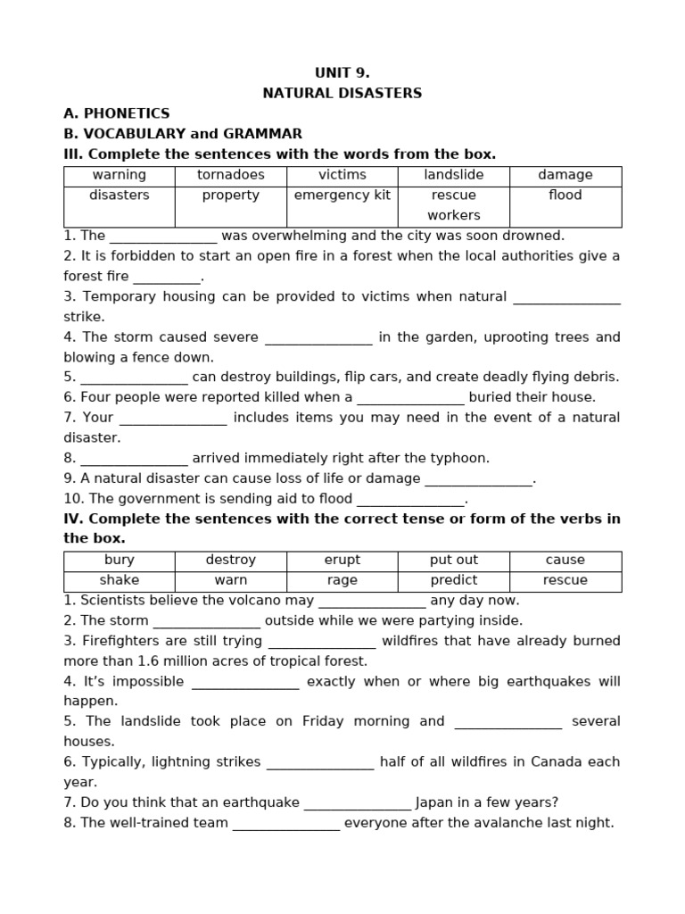 Natural Disasters: Vocabulary & Exercises | PDF | Tsunami | Natural ...