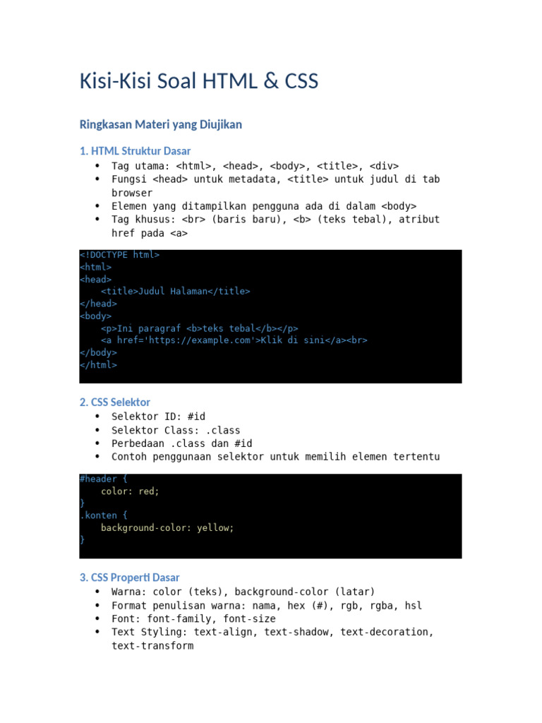 Kisi-Kisi Soal HTML & CSS Dasar | PDF