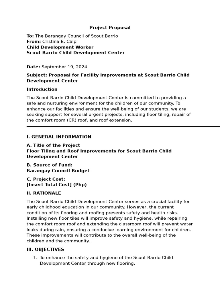 Project Proposal-Facility Improvements | PDF | Roof | Child Development