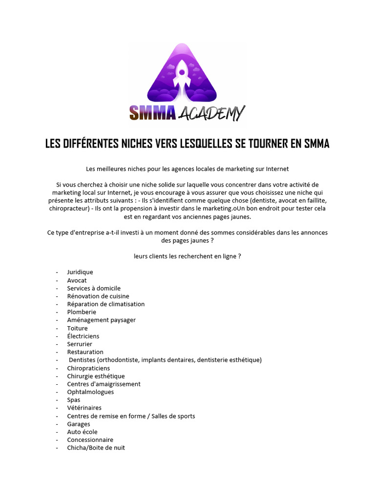 Niches Rentables pour SMMA Locales | PDF