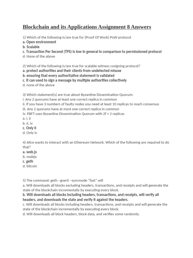 Blockchain and Its Applications Assignment 8 Answers | PDF