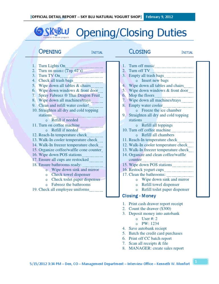Opening Closing Duties | PDF