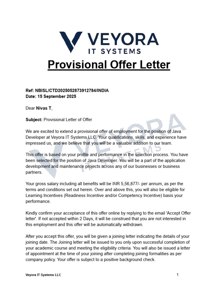 Nivas T Provisional Offer Letter | PDF | Performance Appraisal