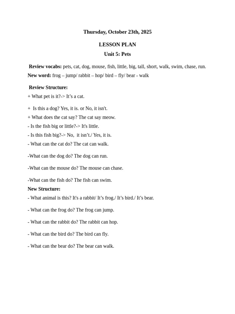 Amanda - Unit 5 - Pets Day 4 - Lesson Plan | PDF | Human–Animal ...