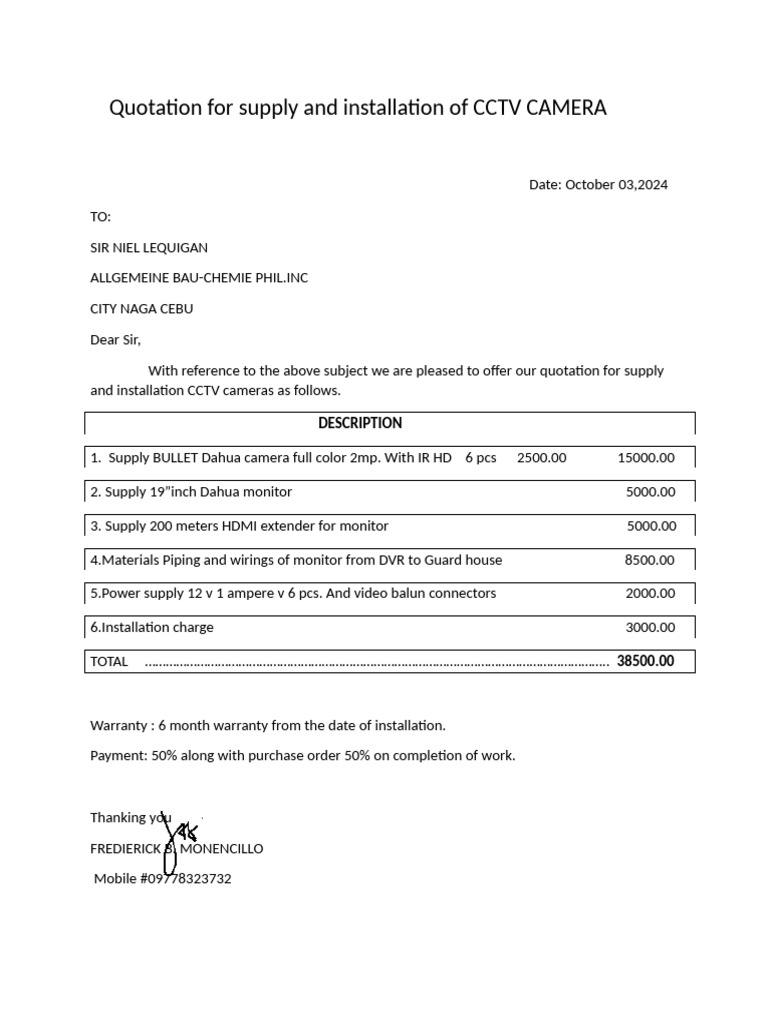 CCTV Installation Quotation for Niel Lequigan | PDF