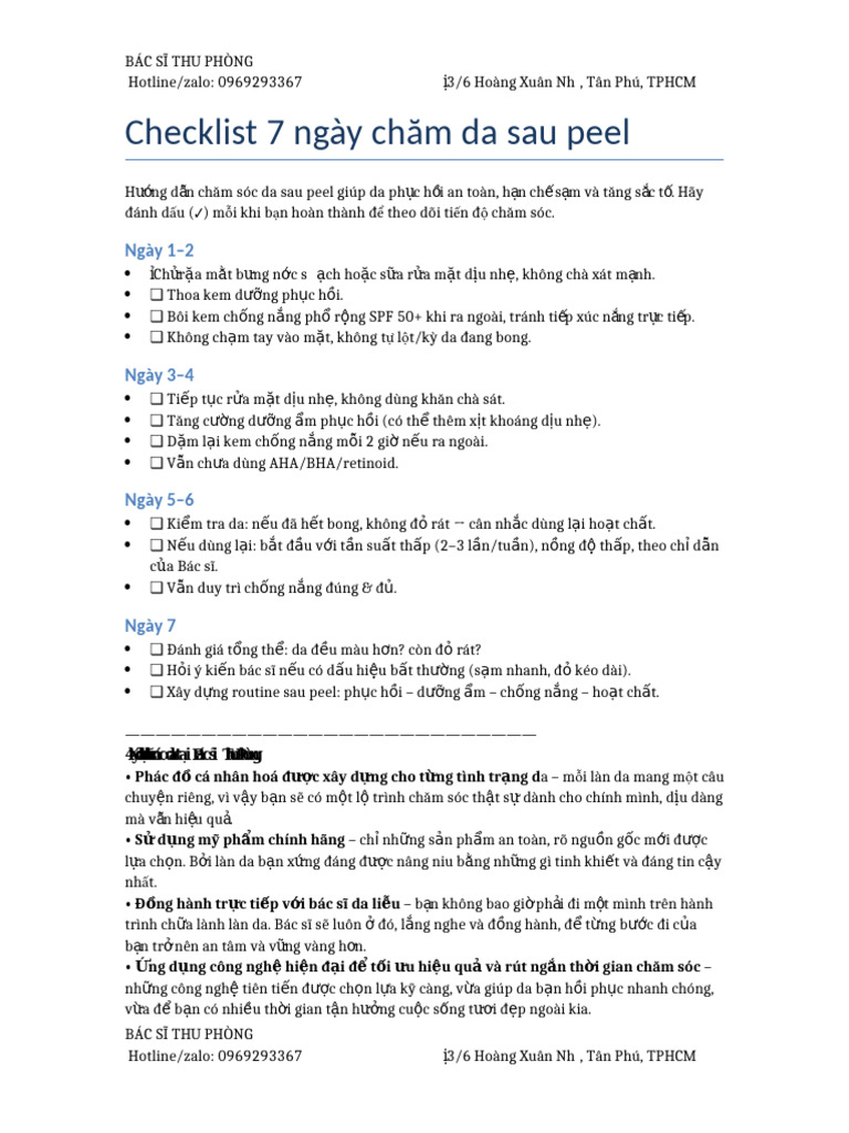 Checklist 7 Ngay Sau Peel Bac Si Thu Phong | PDF