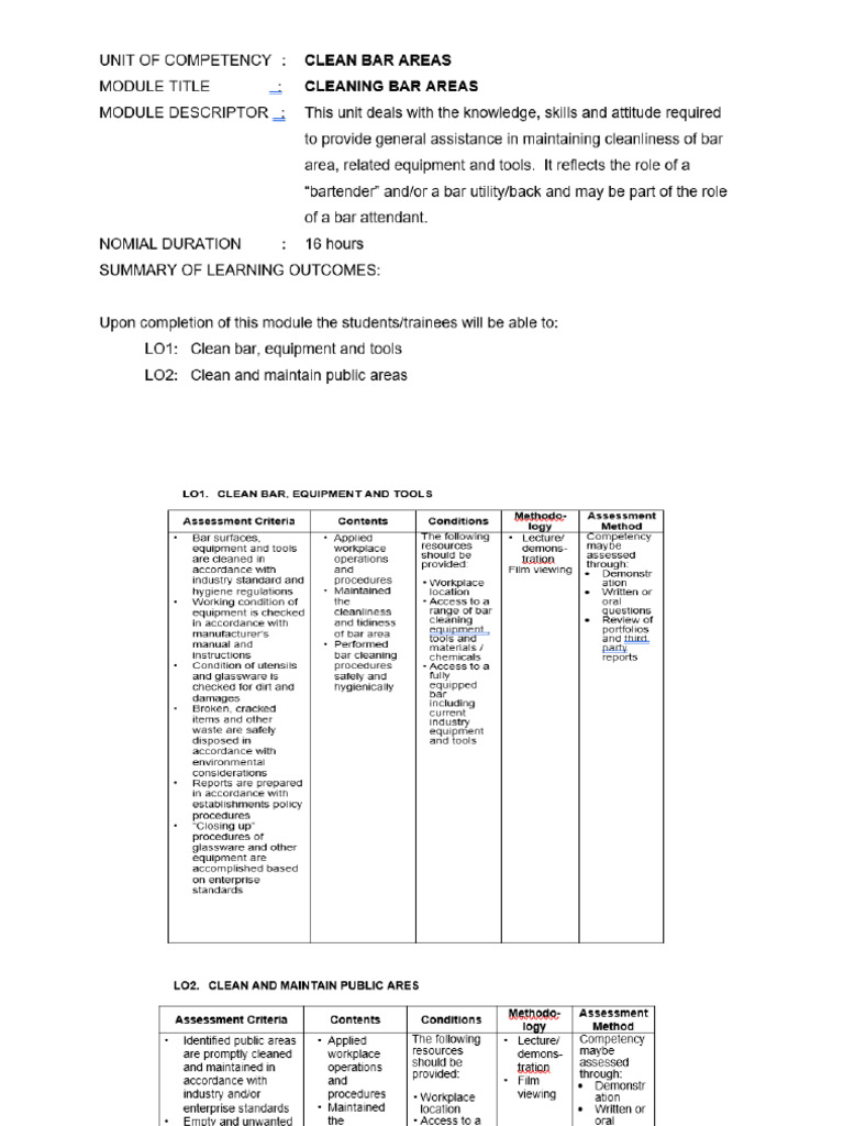 Bartending NC2 Competency Based Curriculum Core UC1 | PDF