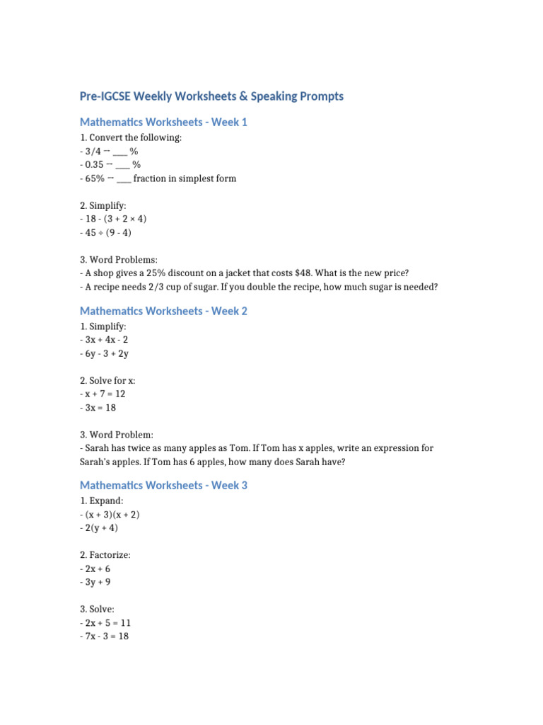 Pre-IGCSE Math Worksheets & Prompts | PDF