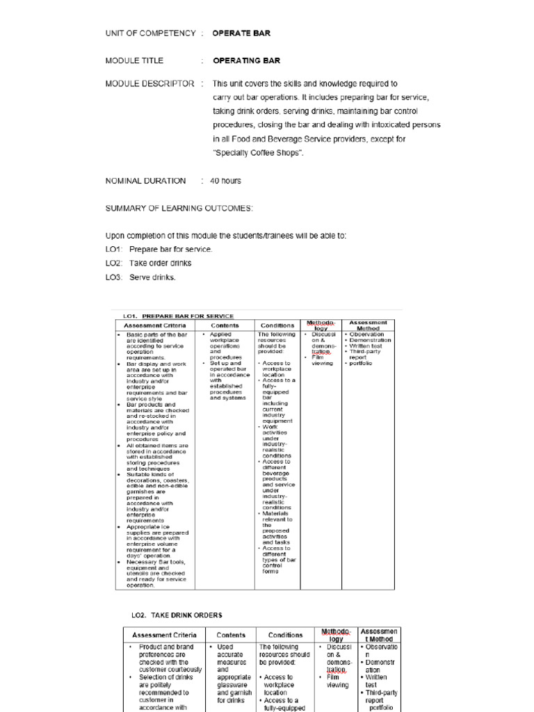 Bartending NC2 Competency Based Curriculum Core UC2 | PDF