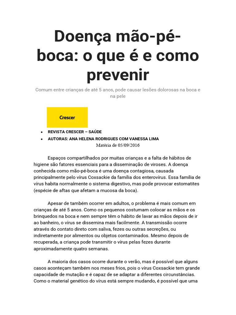Doença Mão-Pé-Boca: Sintomas e Prevenção | PDF | Vírus | Ciências da Saúde