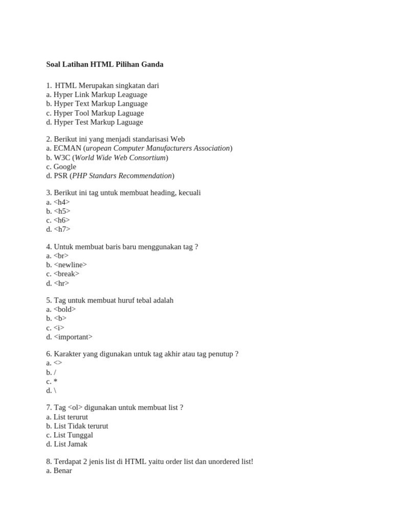 Contoh Soal Latihan HTML Pilihan Ganda | PDF
