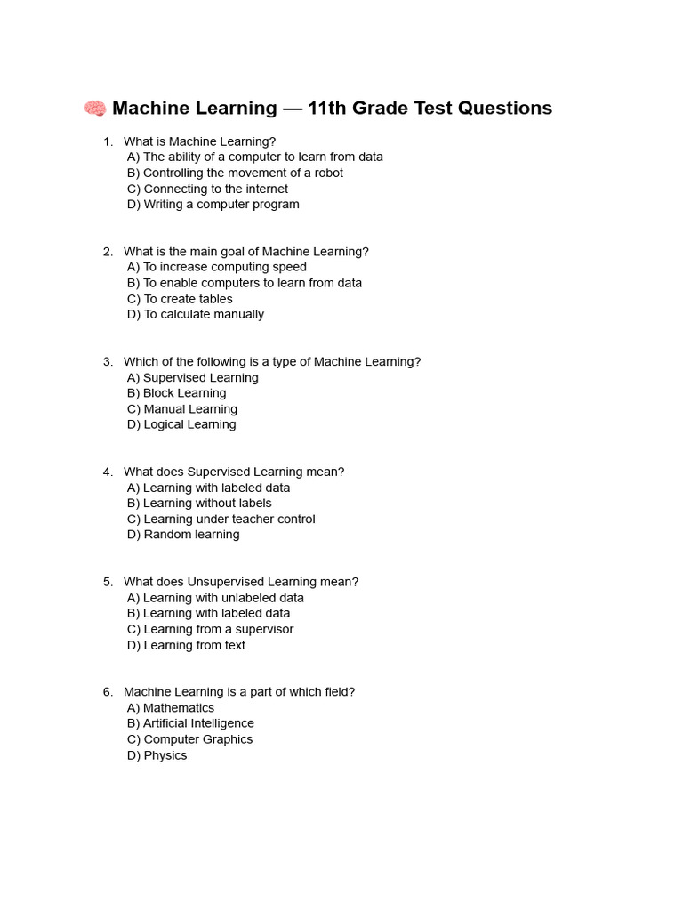 11th Grade Machine Learning Quiz | PDF | Machine Learning | Support ...