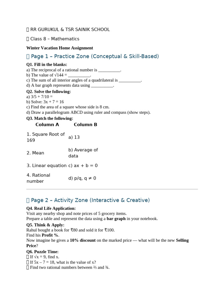 Class 8 Math Winter Assignment | PDF
